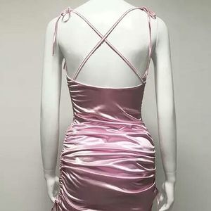 Dresses | Pleated Ruched Drawstring Pink Satin Dress | Poshmark